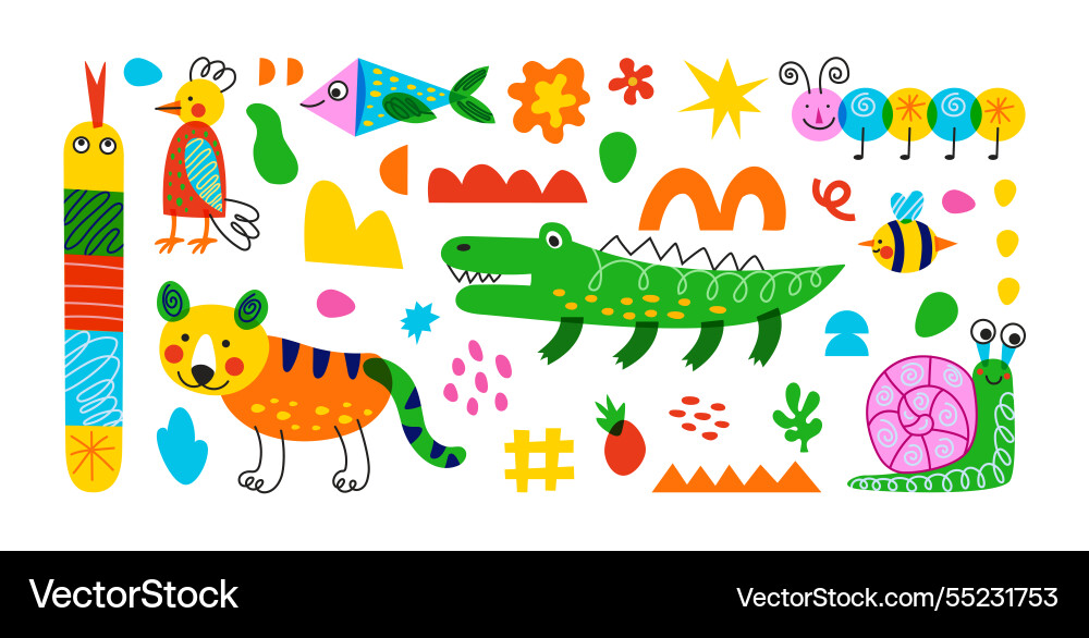Childish animals doodle figure characters cute Vector Image