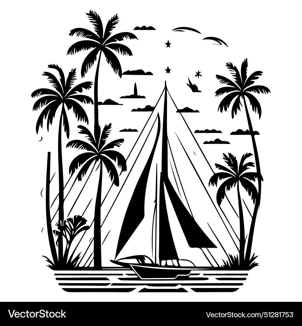 Sail and palm tree sketch Royalty Free Vector Image