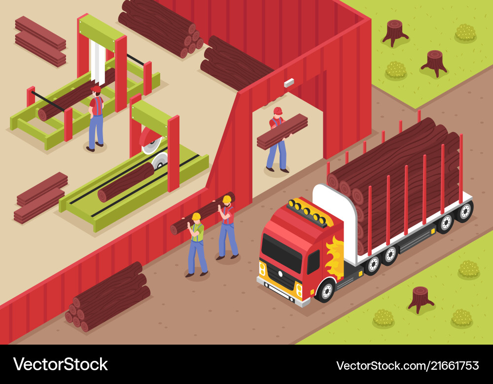 Sawmill isometric background Royalty Free Vector Image