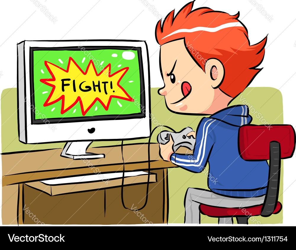 Play Computer Games Cartoon Young Child Play Computer Games Stock