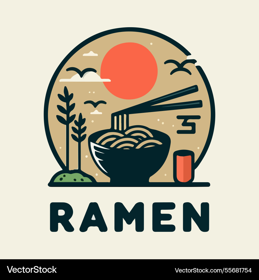 Ramen sunset logo with a tranquil landscape scene Vector Image