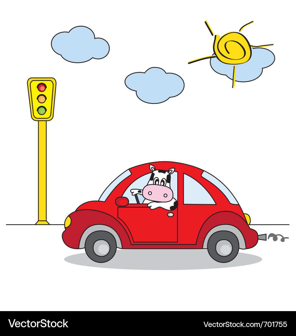 Cow driving a red car Royalty Free Vector Image