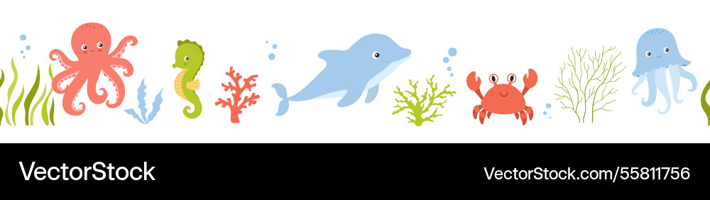 Seamless border with sea animals on white Vector Image