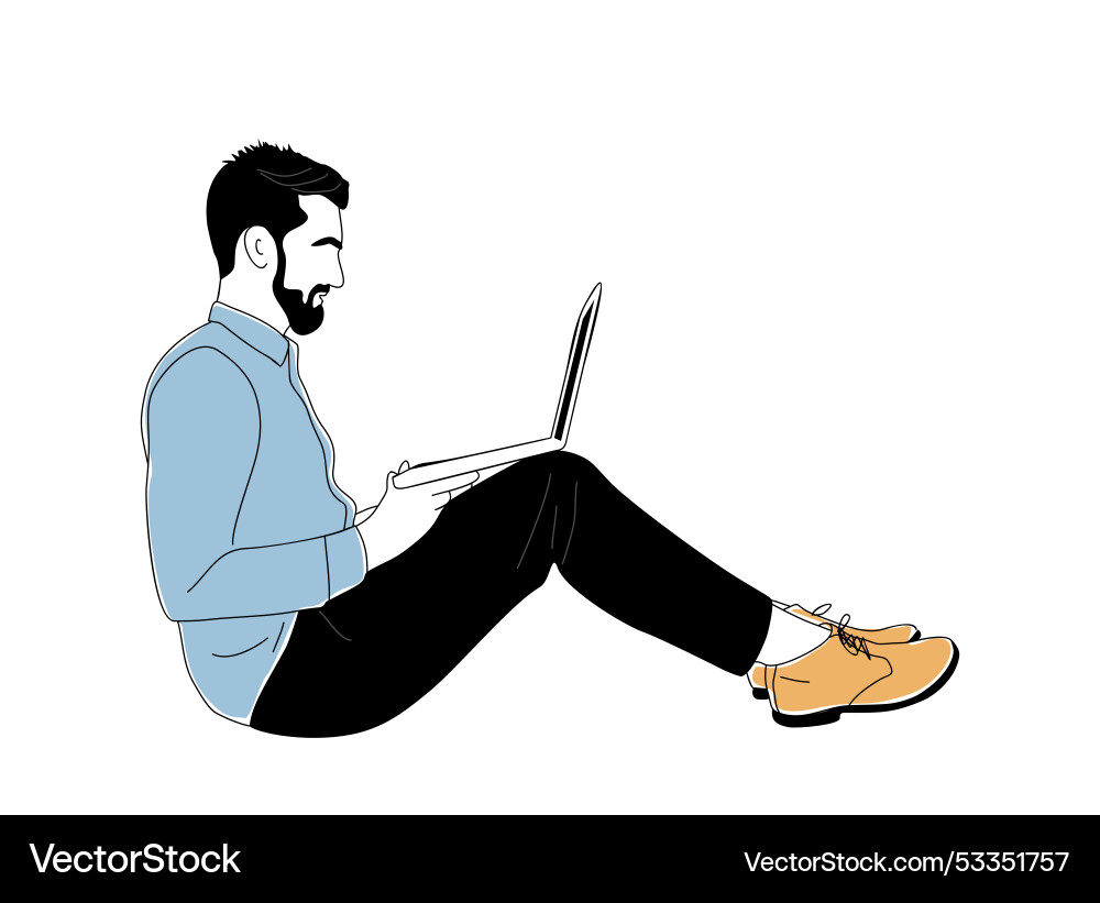 Man sitting on the floor with laptop side view Vector Image