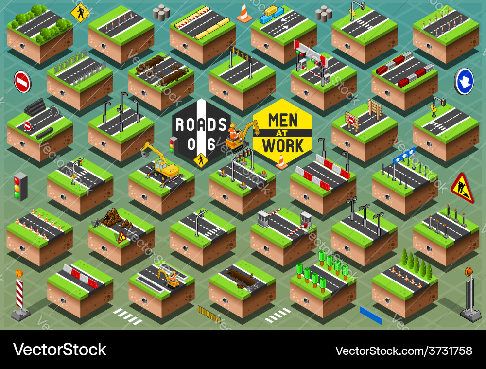 Isometric road signs set on green terrain Vector Image