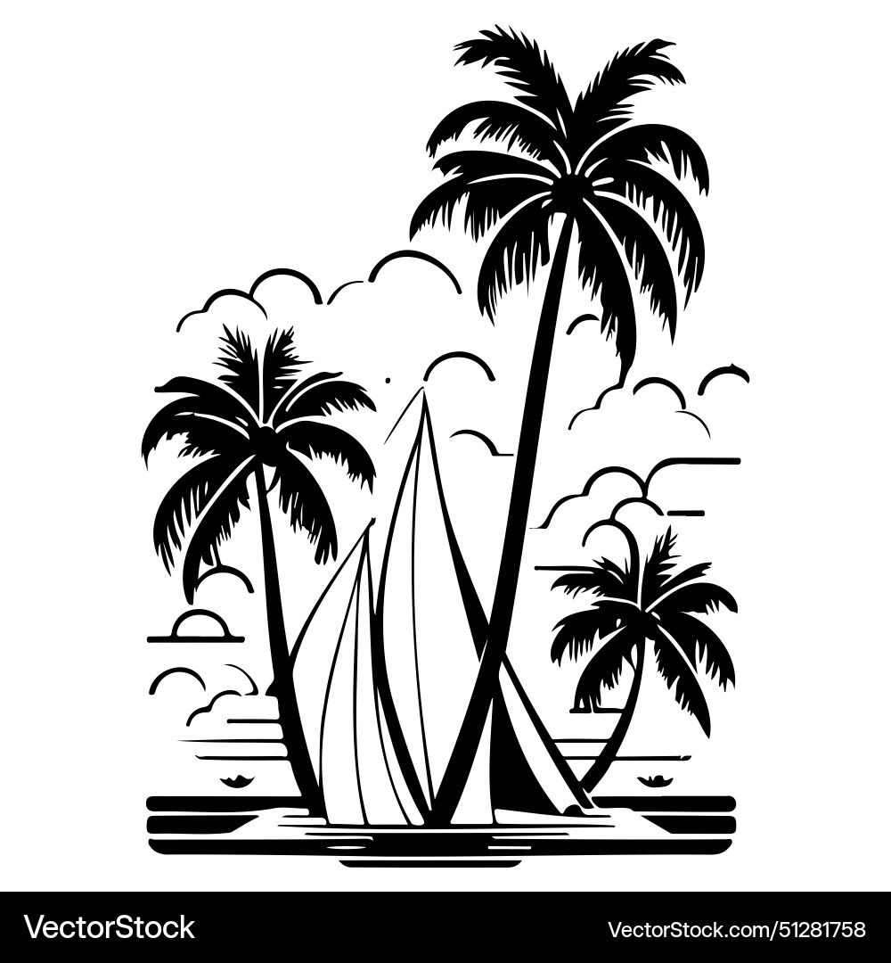 Sail and palm tree sketch Royalty Free Vector Image