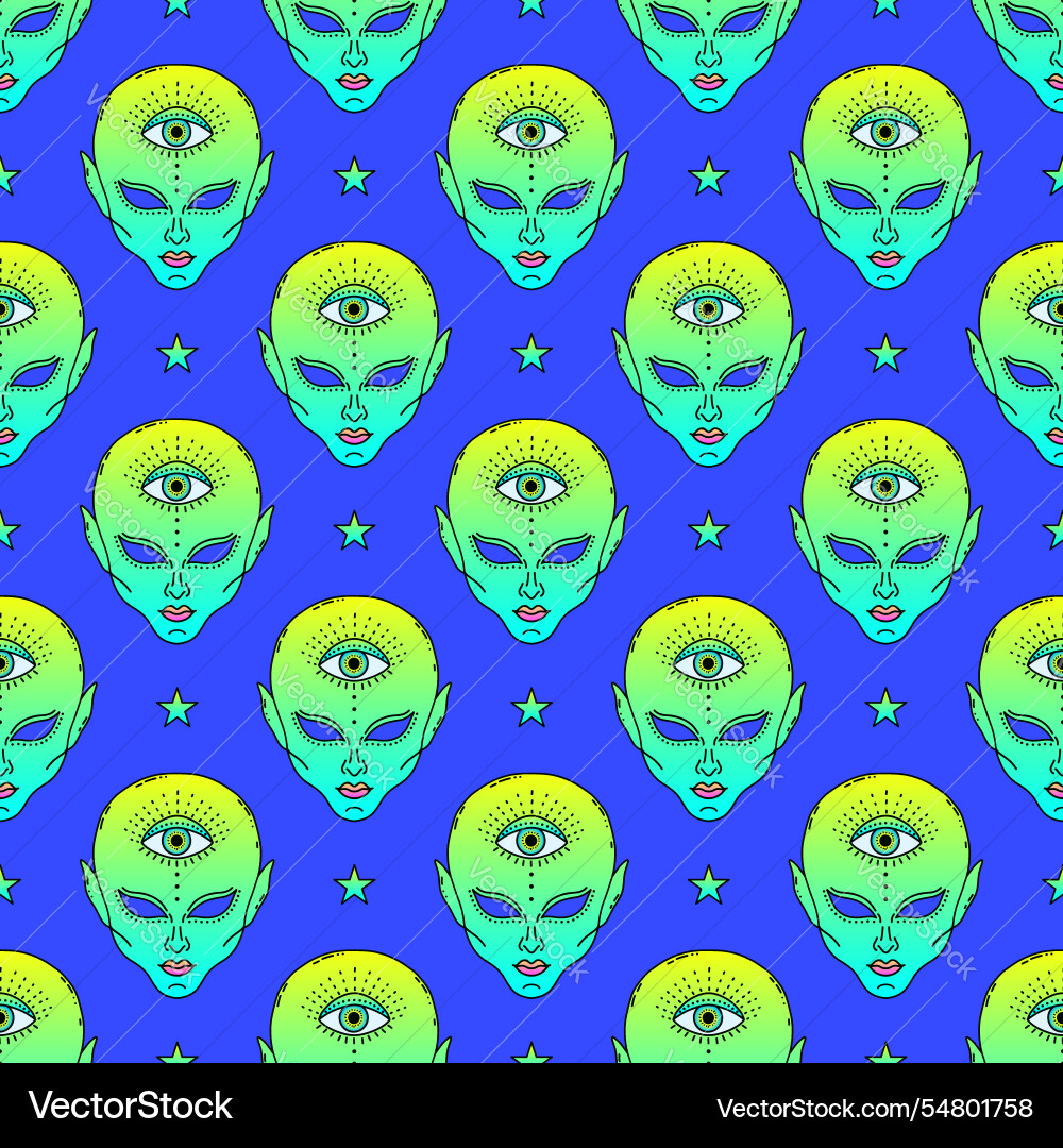 Seamless pattern of neon green alien faces Vector Image