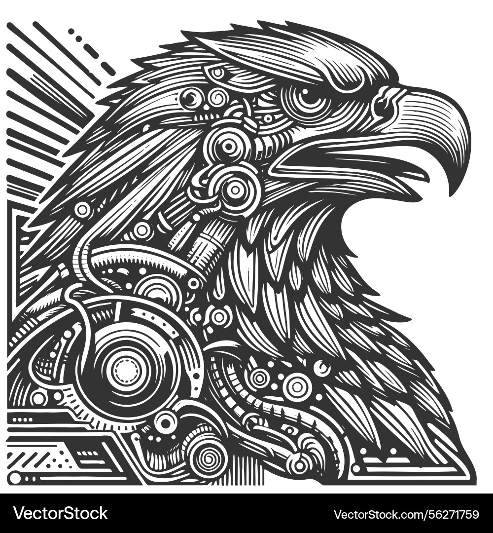 Cybernetic eagle head engraving Royalty Free Vector Image
