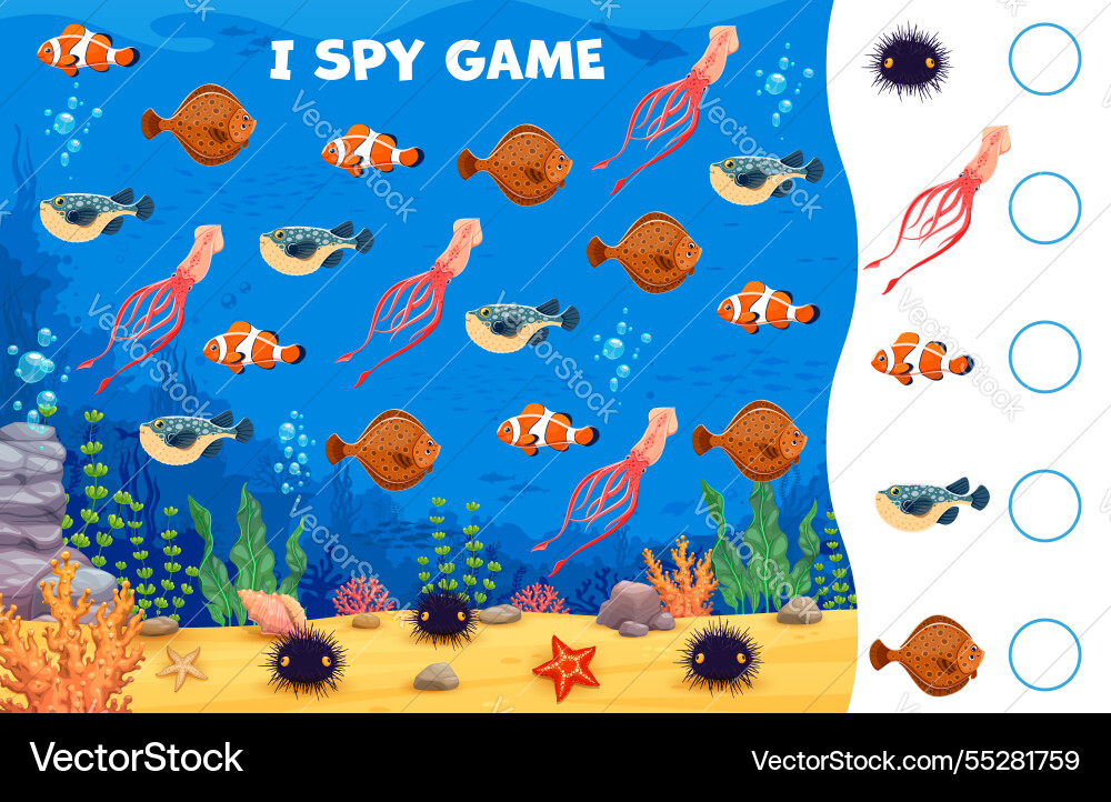 I spy game worksheet with sea underwater animals Vector Image