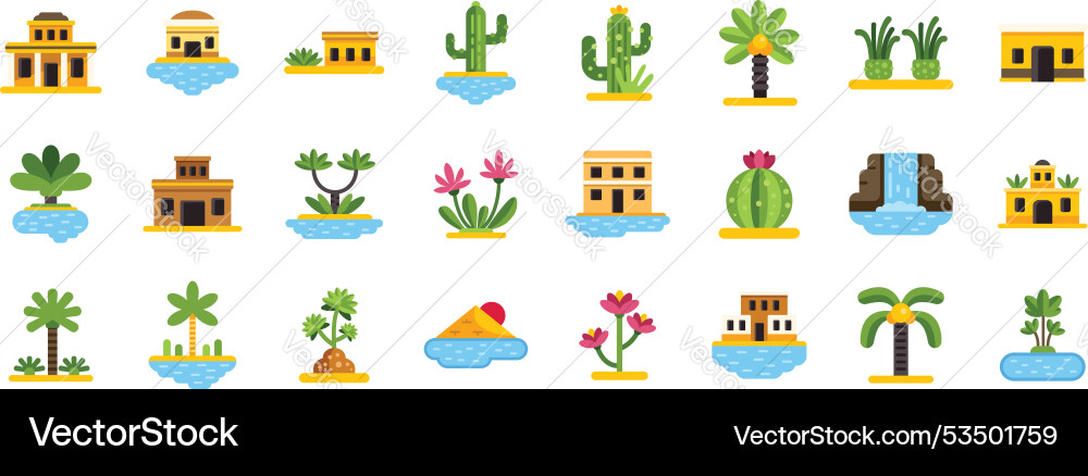 Oasis icon set featuring desert plants palms Vector Image