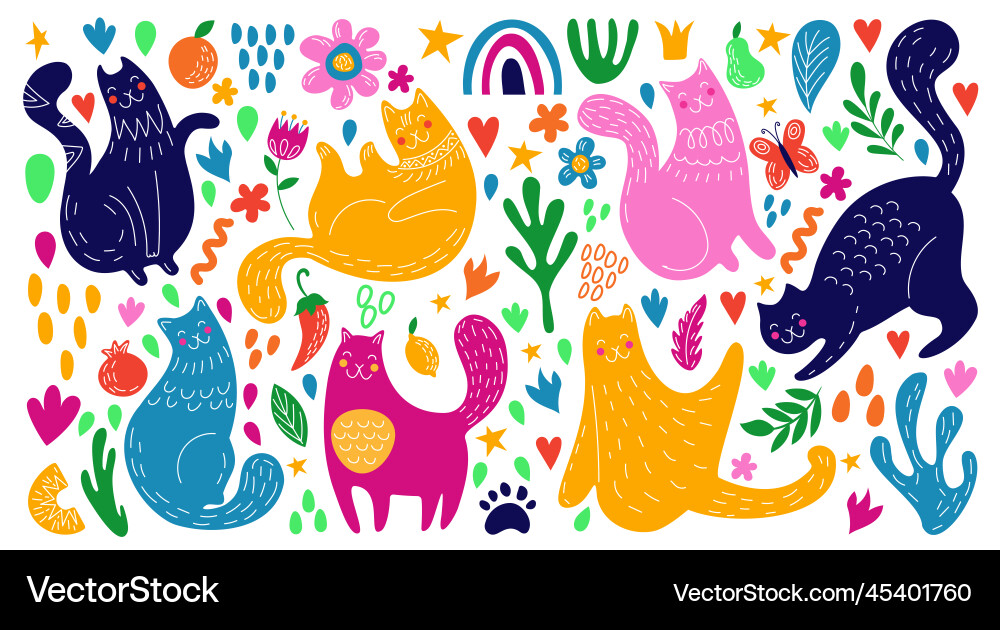 Abstract summer cats doodle drawing animals Vector Image