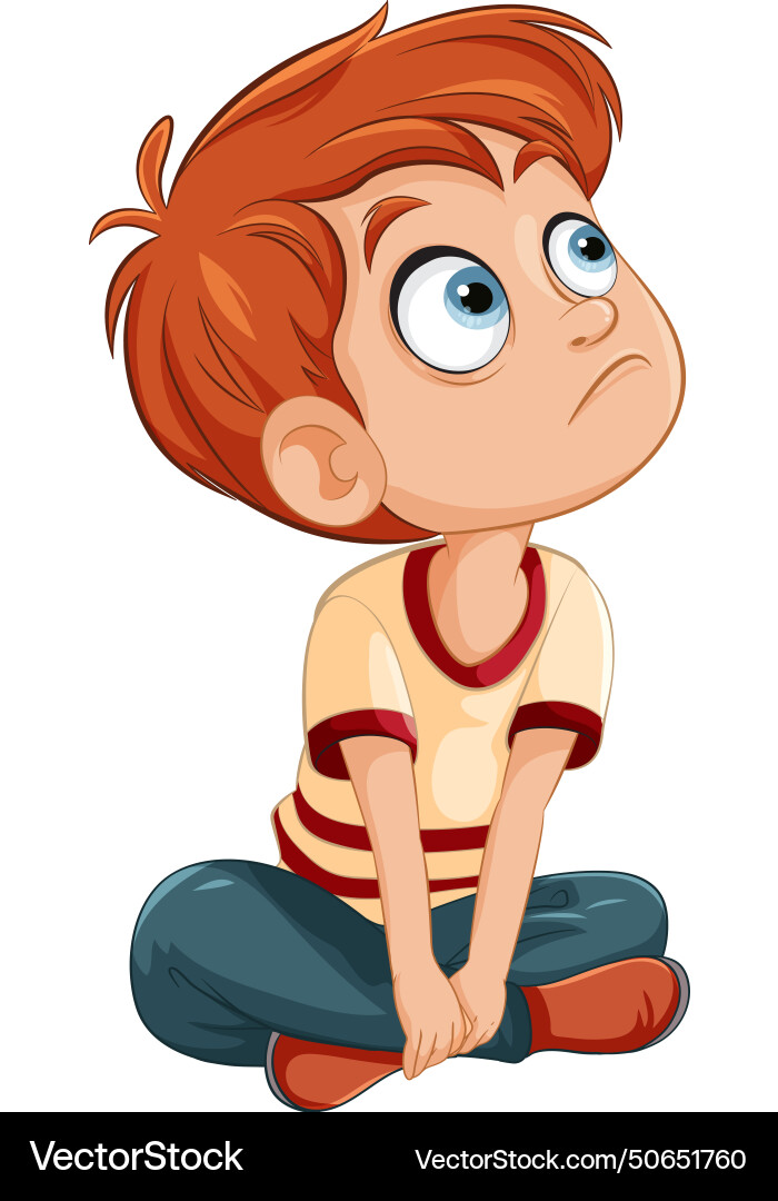 Cartoon boy sitting down looking up thoughtfully Vector Image