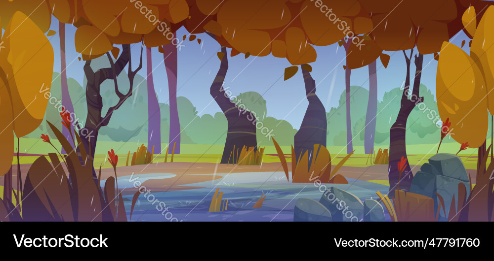 Cartoon forest rain landscape background Vector Image
