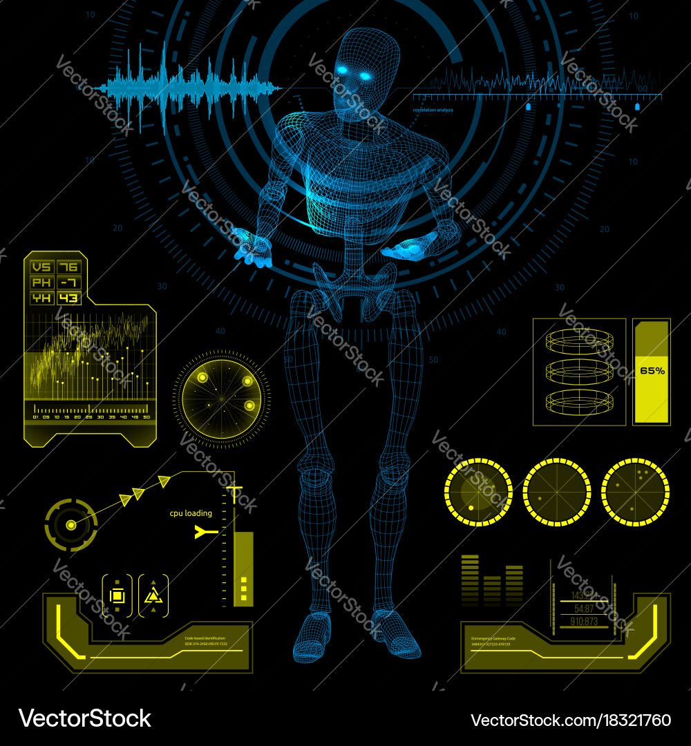 Humanoid robot in a questioning pose with hud Vector Image