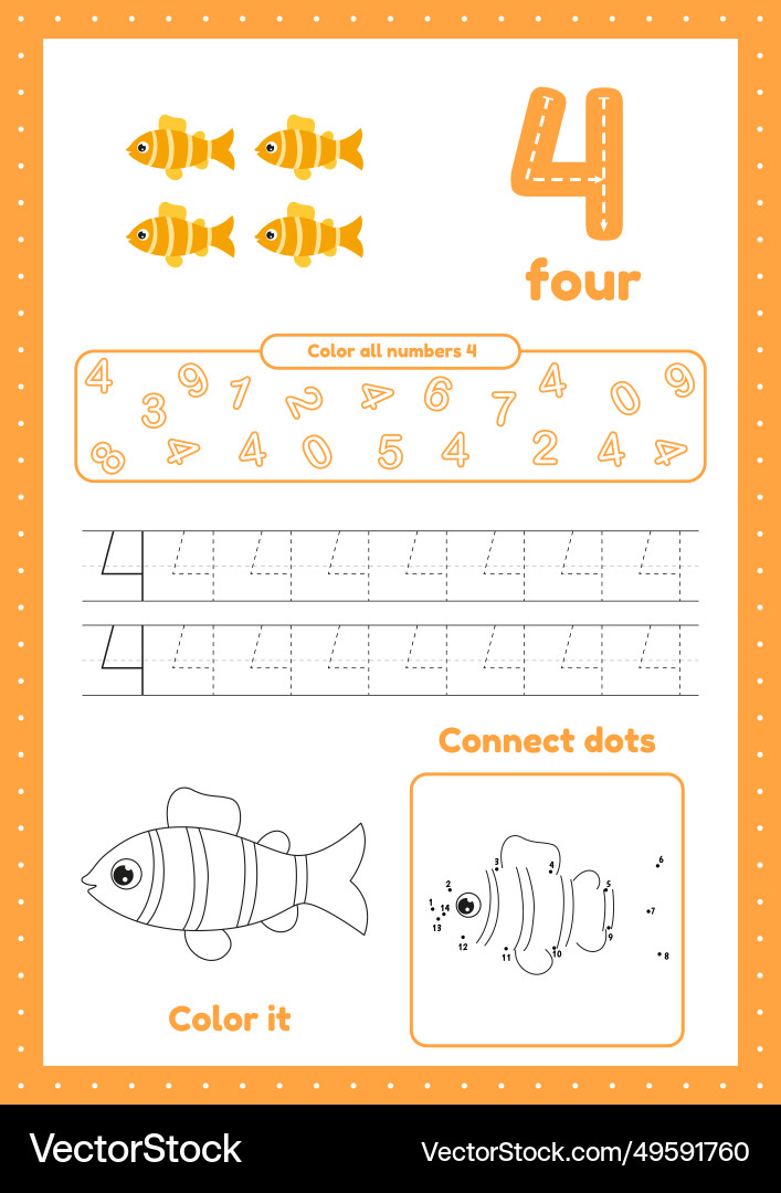 Preschool Number Four Worksheet Royalty Free Vector Image