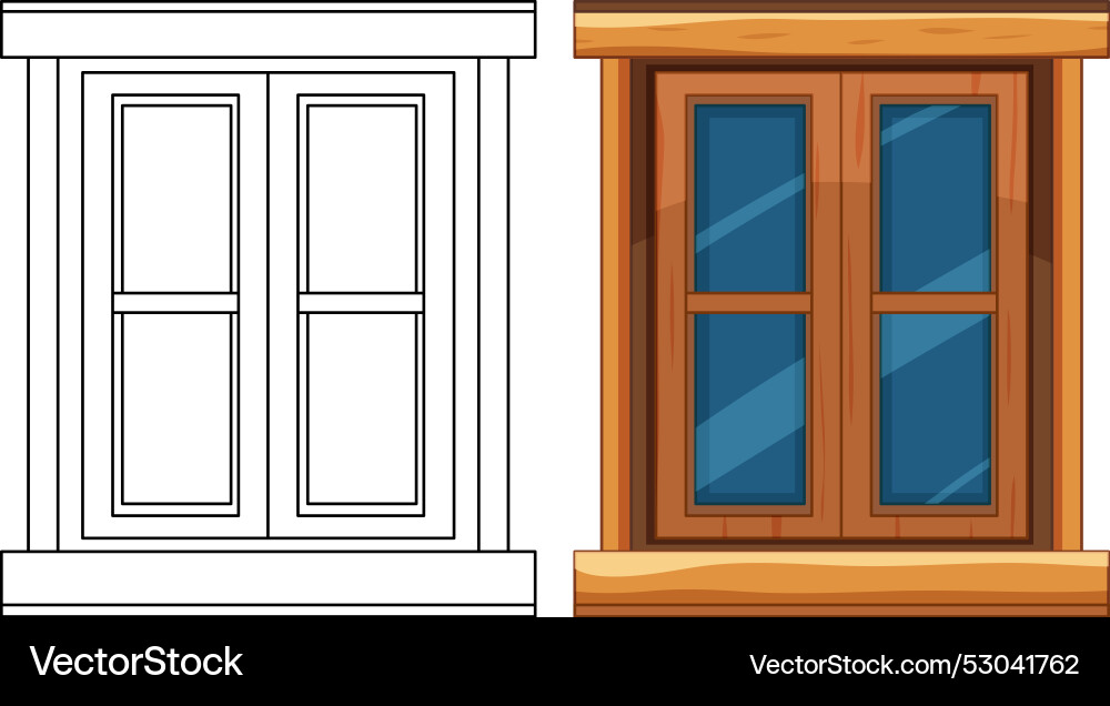 Detailed wooden window with outline version Vector Image