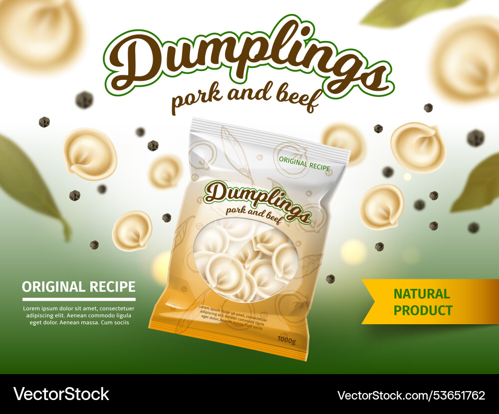Realistic dumplings poster product packaging made Vector Image