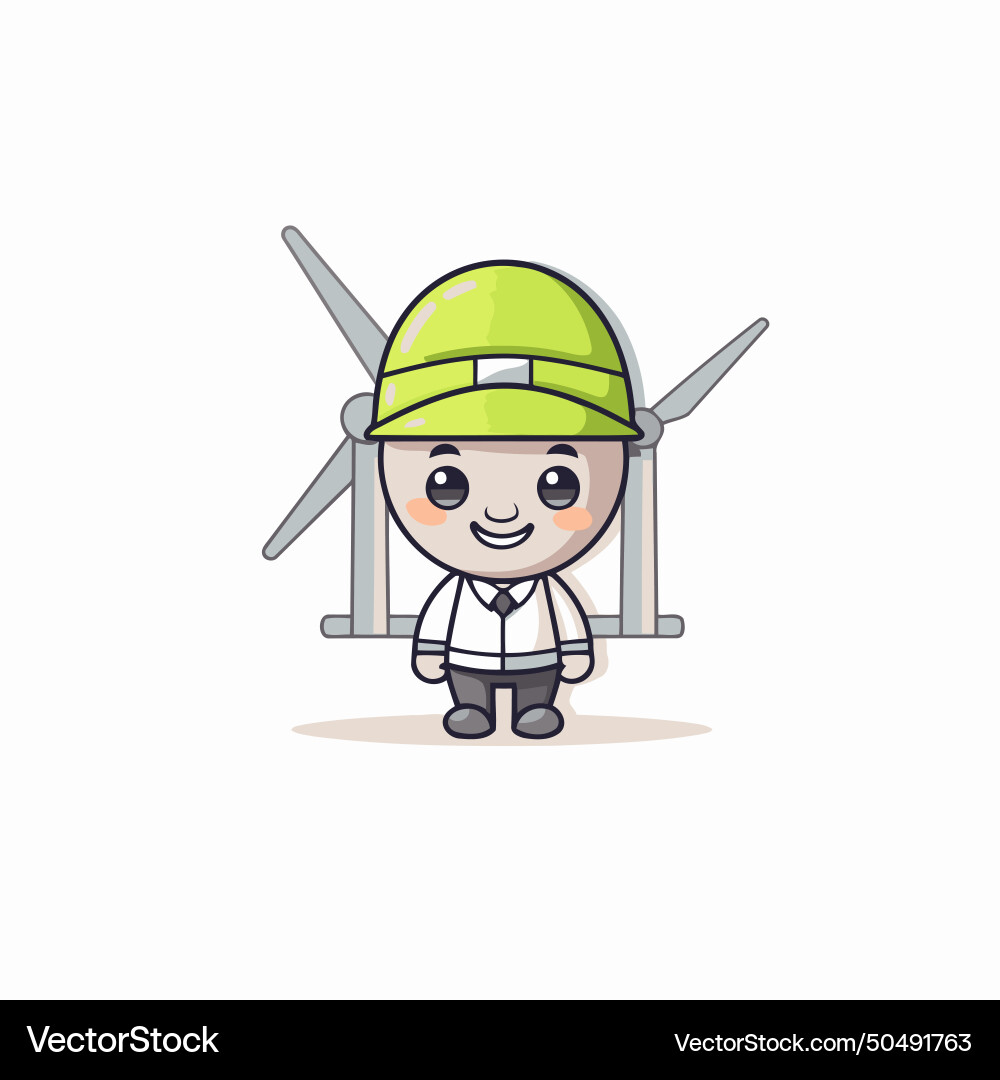 Cute engineer cartoon character with wind turbine Vector Image