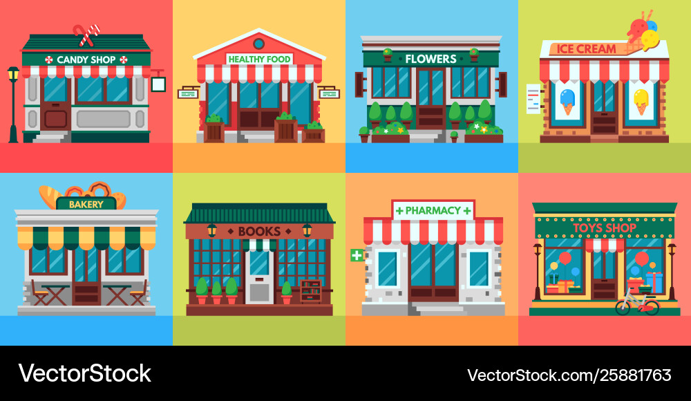Local shops facades grocery shop doors old Vector Image