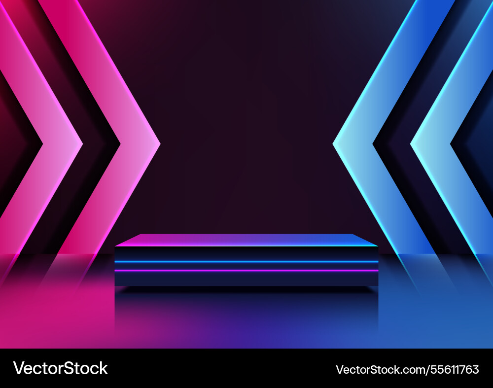 Neon stage with pink blue arrows framing 3d Vector Image