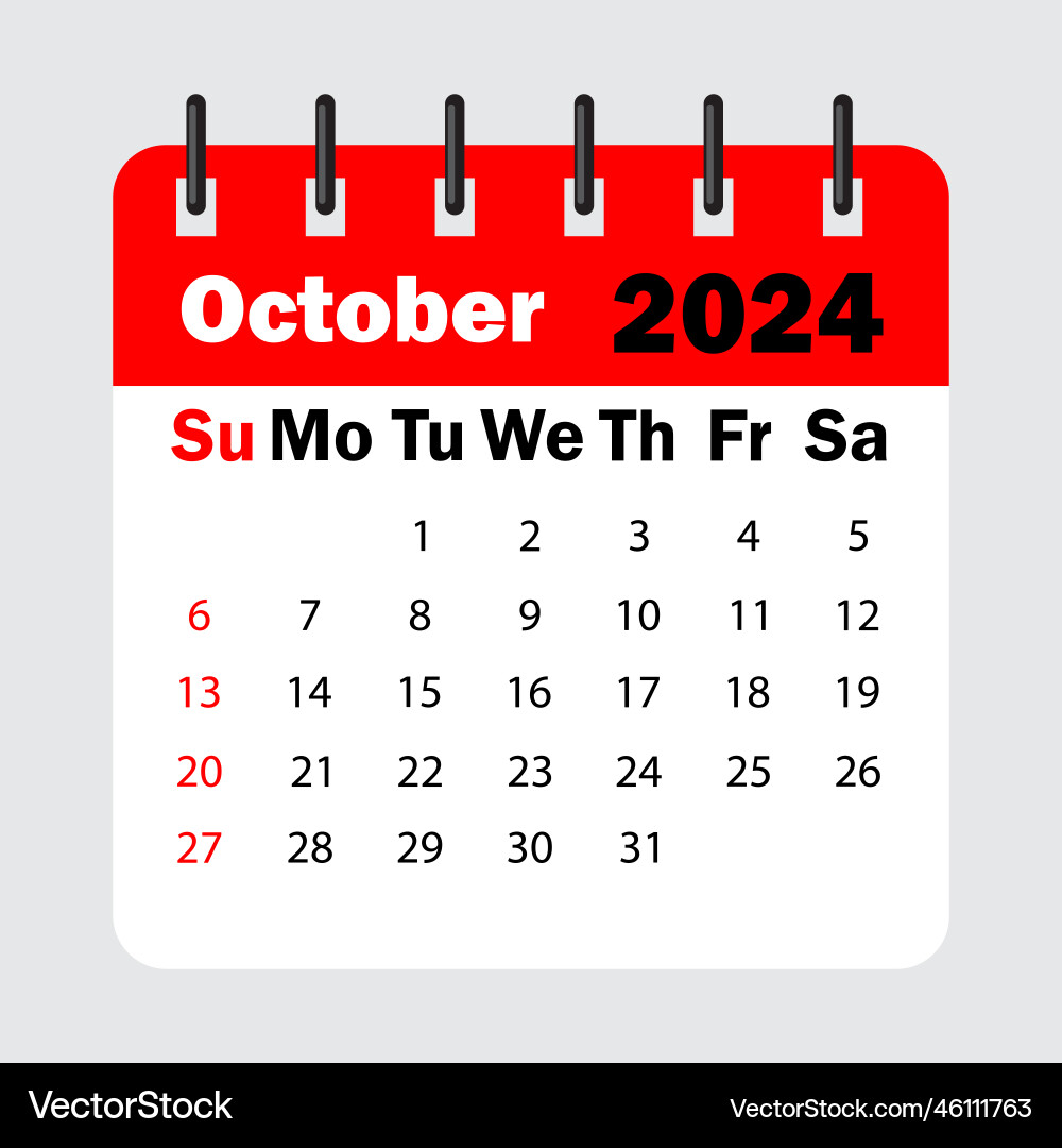 Red Calendar Leaf Spring October 2024 Royalty Free Vector