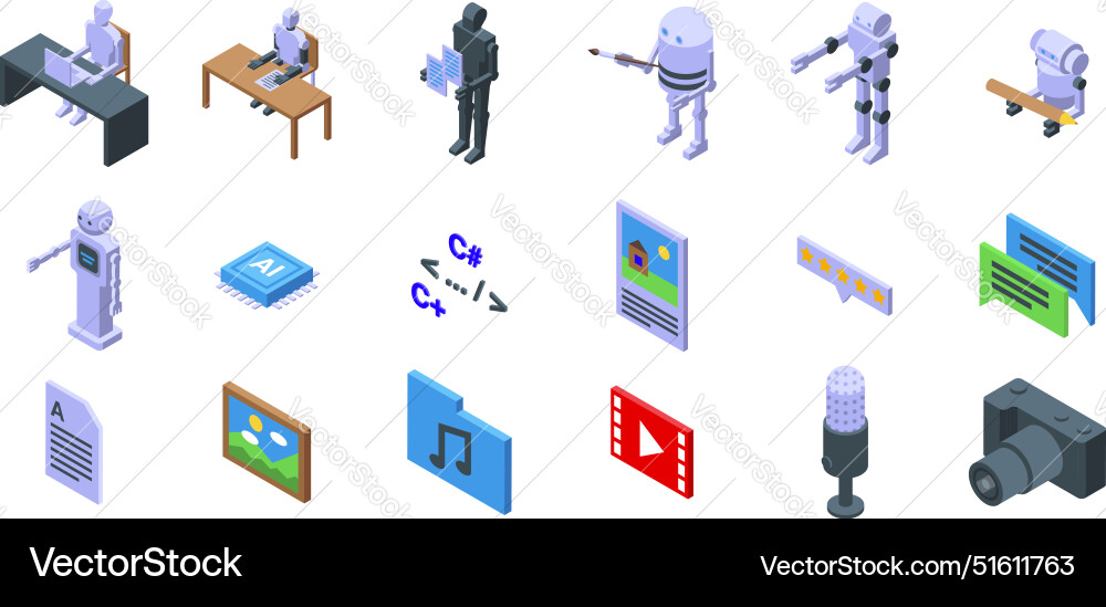 Robot-writer icons set of representing Royalty Free Vector