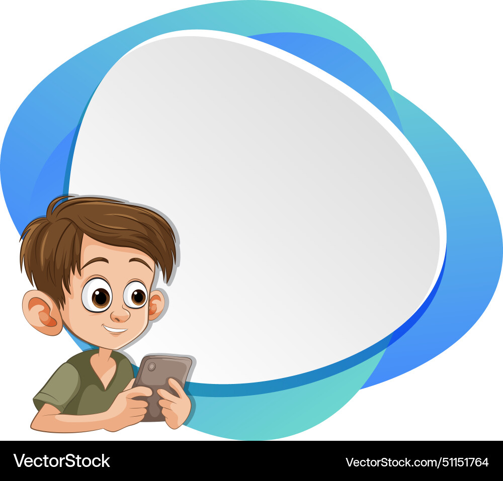 Cartoon boy holding phone with blank speech bubble