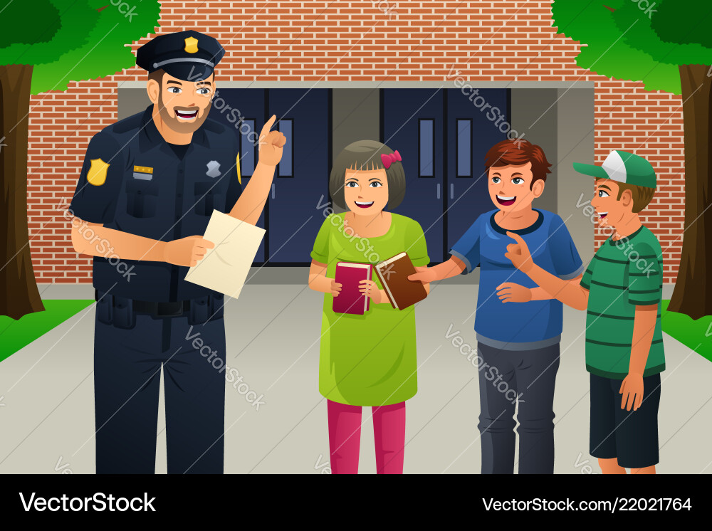 Policeman talking to kids Royalty Free Vector Image