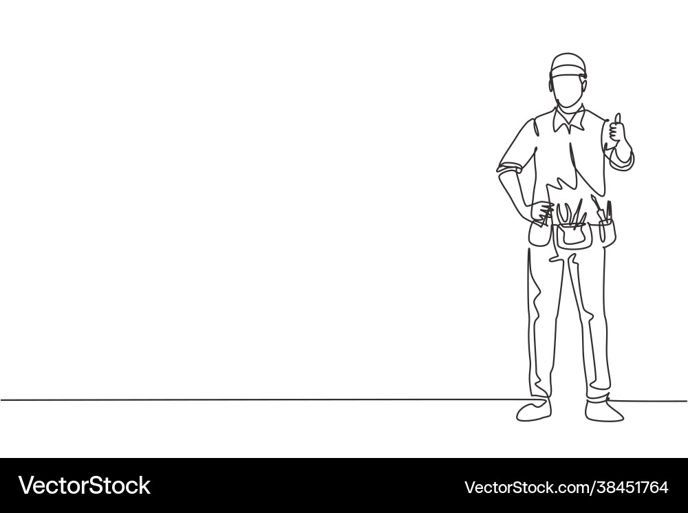 Single continuous line drawing handyman stands Vector Image