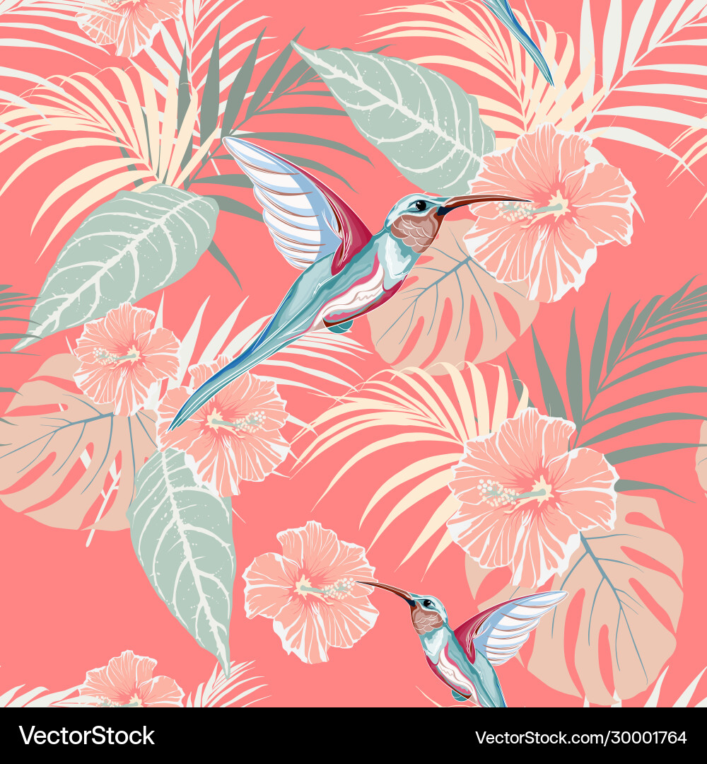 Tropical Hibiscus & Colibri Pattern Royalty Free Vector