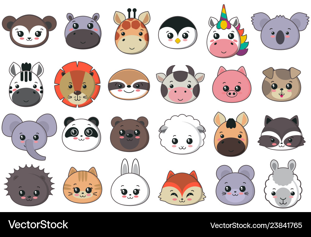 Cute Animal Face Icons - Big Set Royalty Free Vector Image