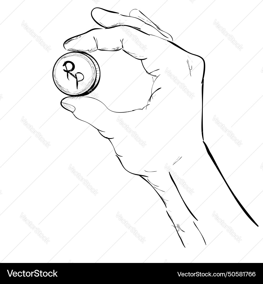 Hand hold coin rupiah simple draw sketch Vector Image
