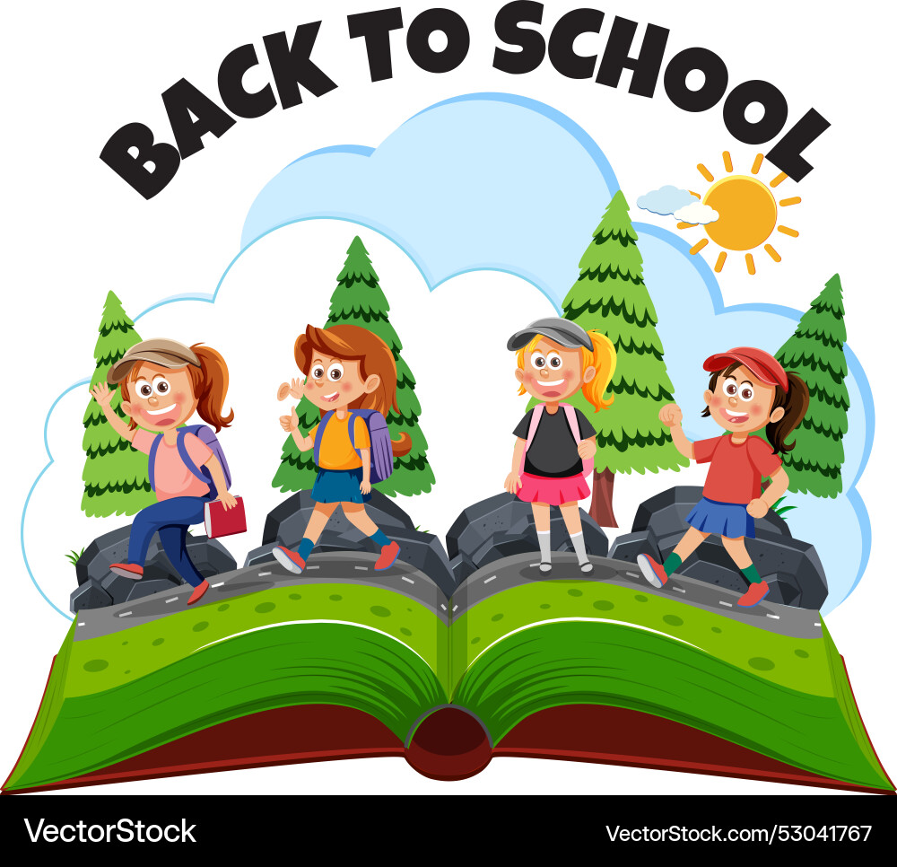 Children walking on an open book Royalty Free Vector Image