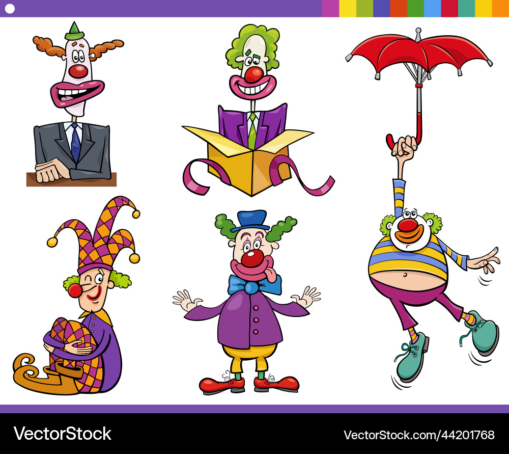 Cartoon clowns comic characters set Royalty Free Vector