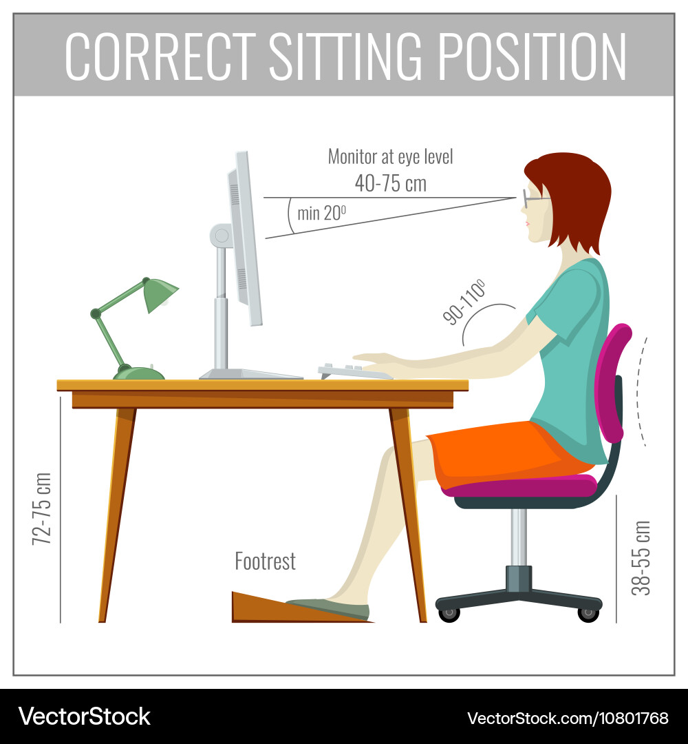 Correct spine sitting posture at computer health Vector Image