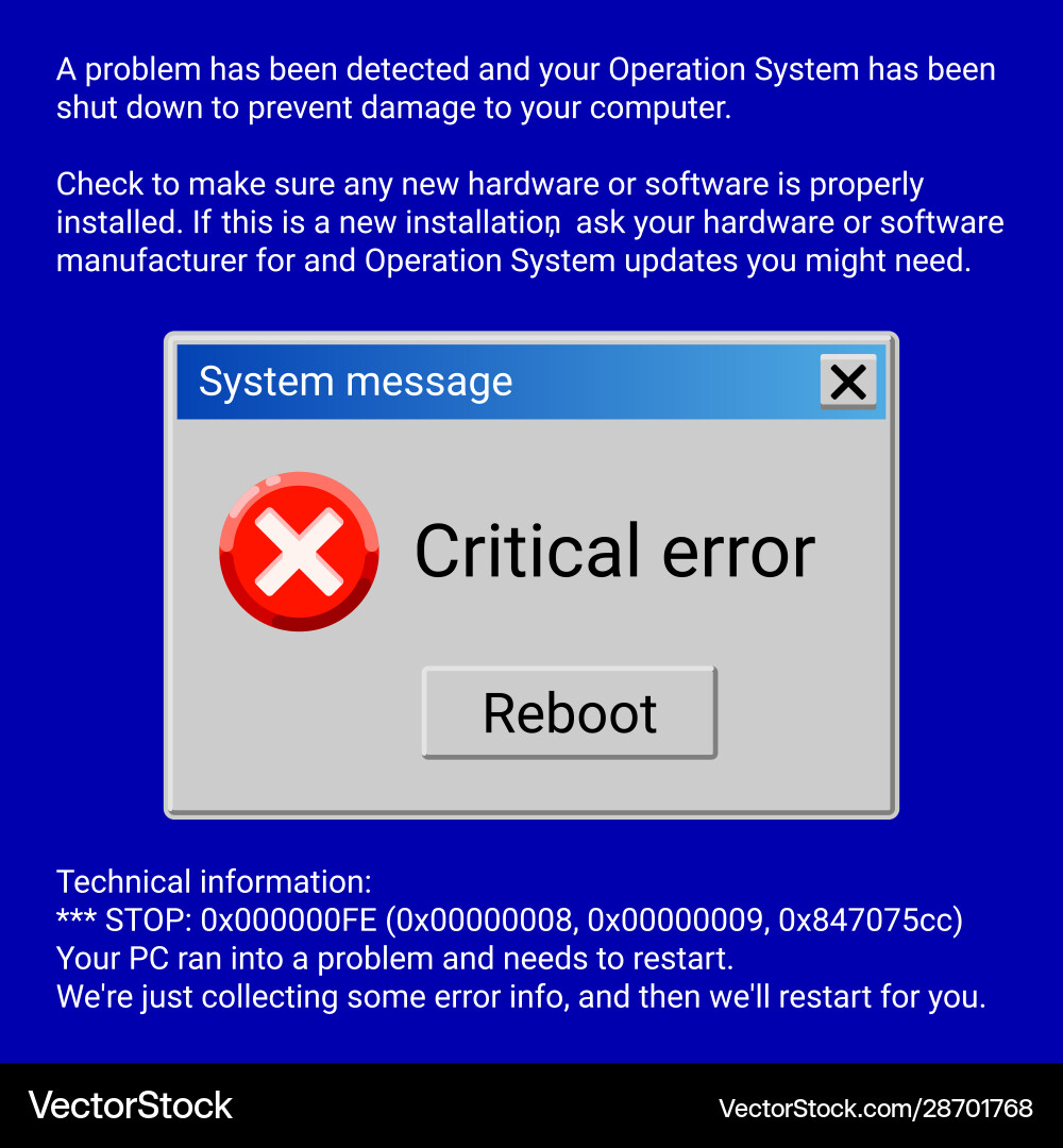 Critical error system message on blue screen Vector Image