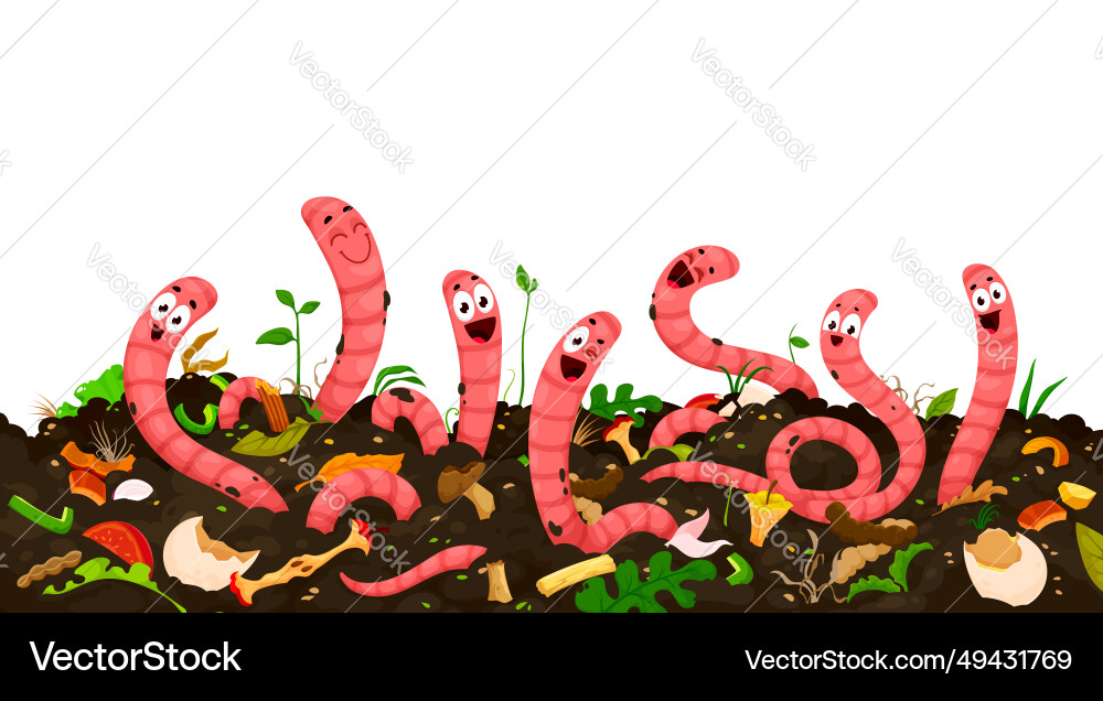 Cartoon funny earth worm characters in compost Vector Image