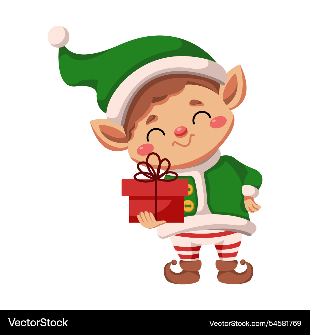 Happy elf holding gift box flat color character Vector Image