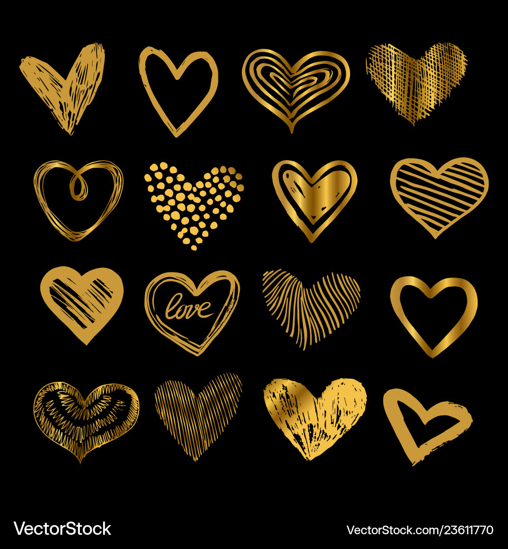 Doodle golden hearts hand drawn love heart icons Vector Image