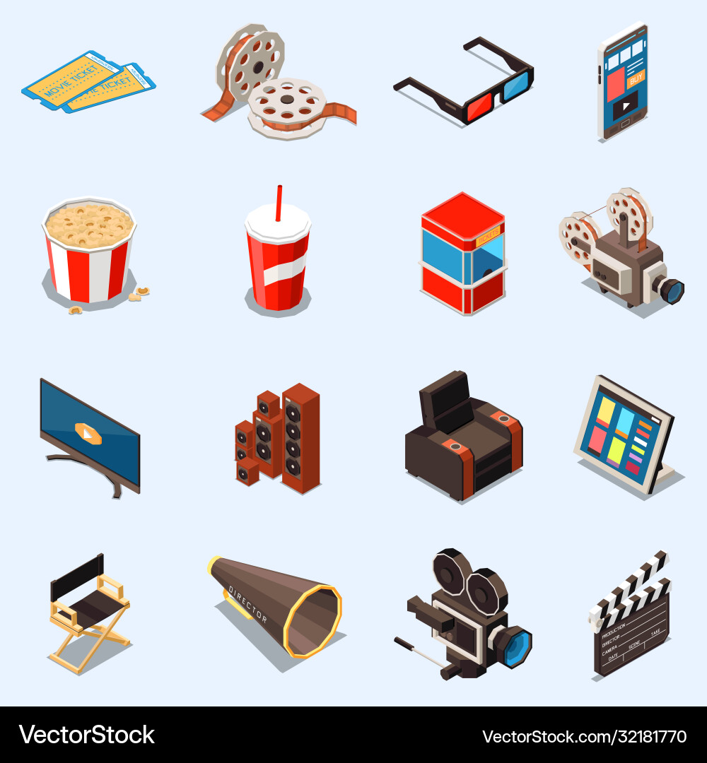 Kino isometric icon set Lizenzfreies Vektorbild