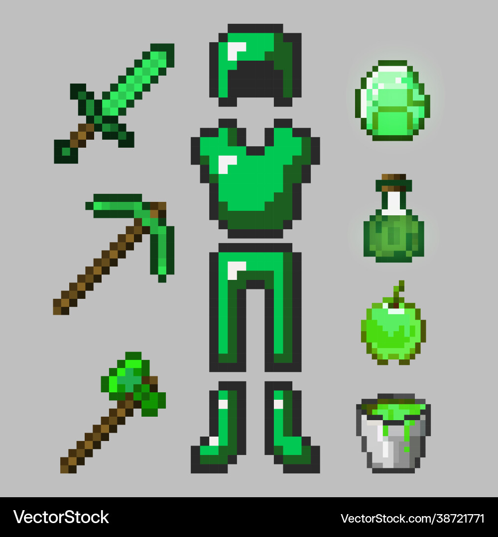 Big set emerald pixel armor isolated on gray Vector Image
