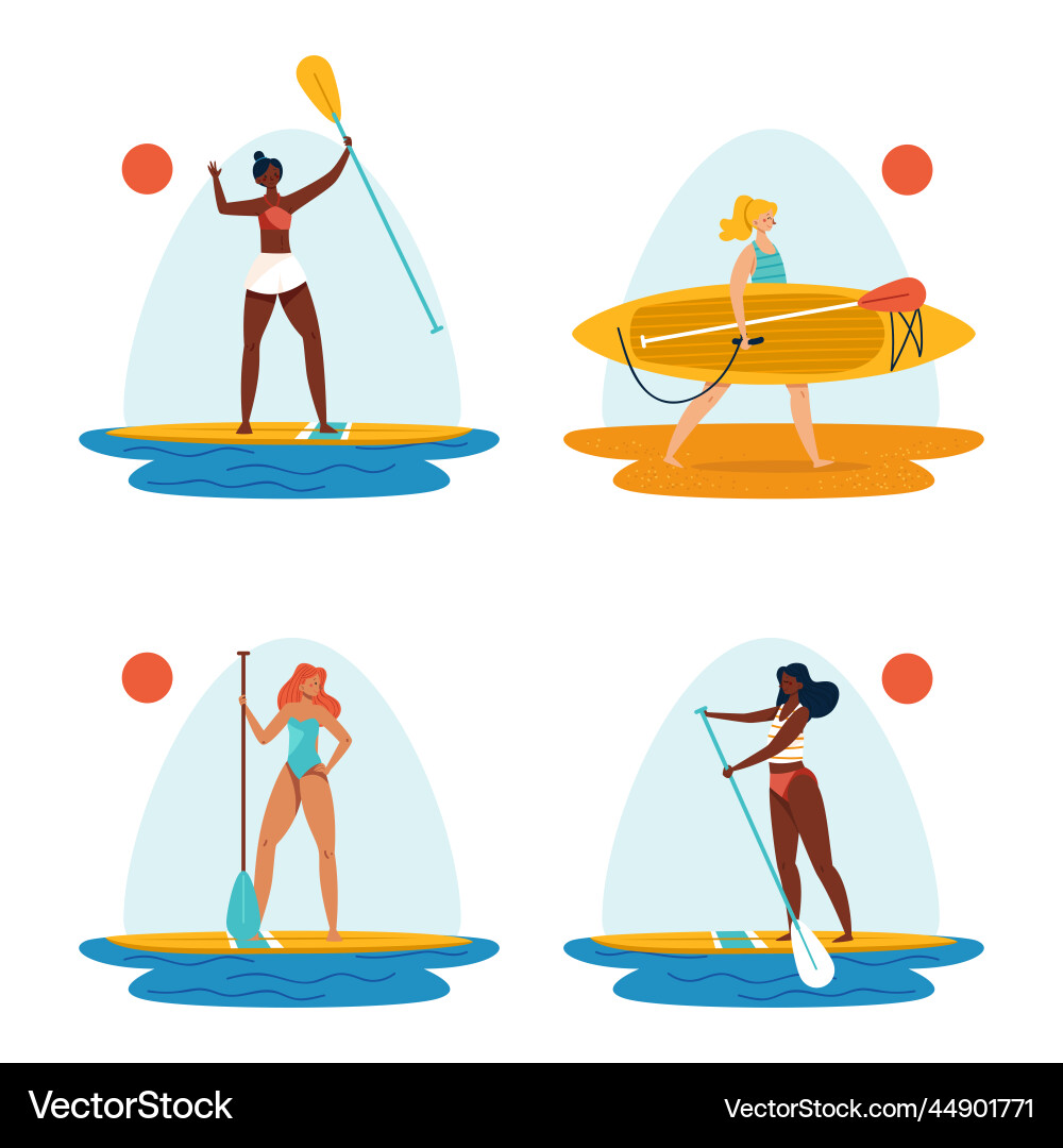 Hand drawn people standing sup boards Royalty Free Vector