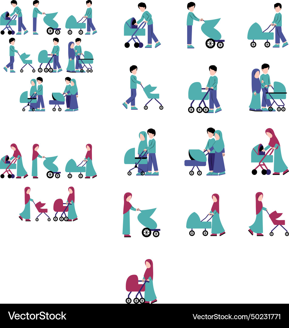 Muslim parent with baby stroller Royalty Free Vector Image
