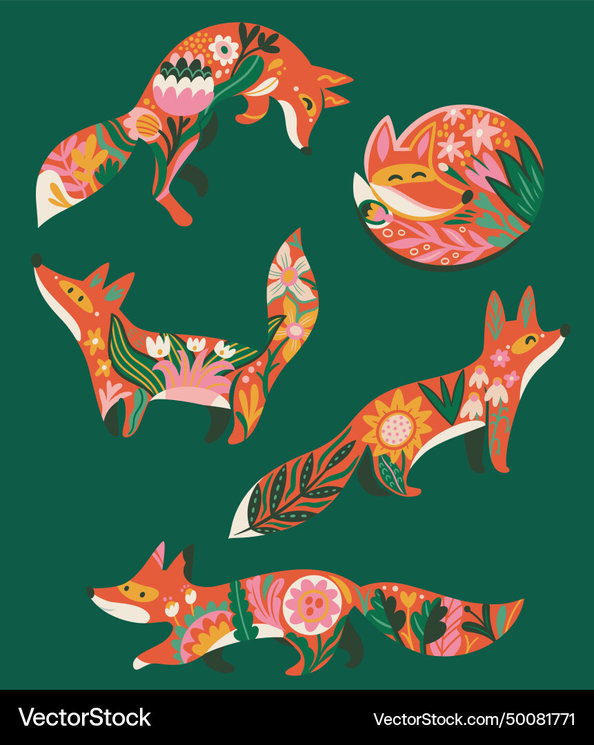 Set of five sweet red foxes with floral pattern Vector Image