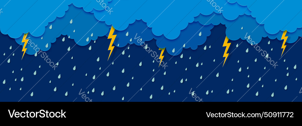 Paper cut rain with sky clouds drops flashes Vector Image