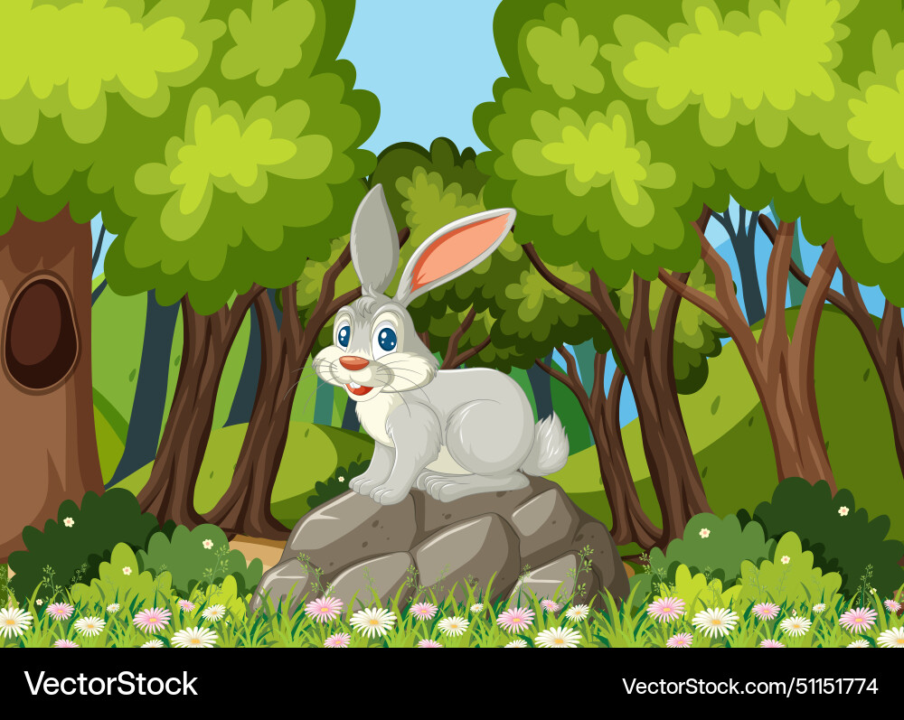 A happy rabbit sitting on rocks among trees Vector Image