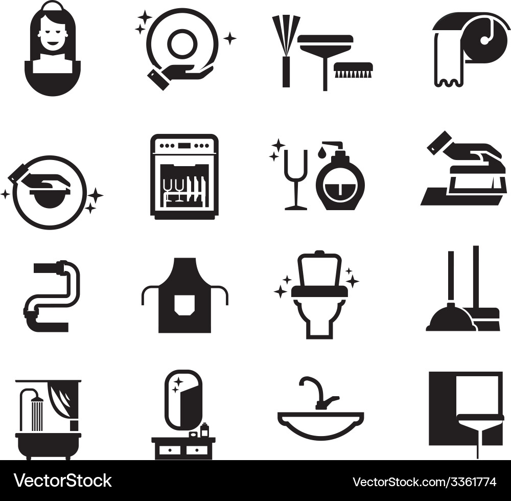 Black cleaning icons set on white background Vector Image