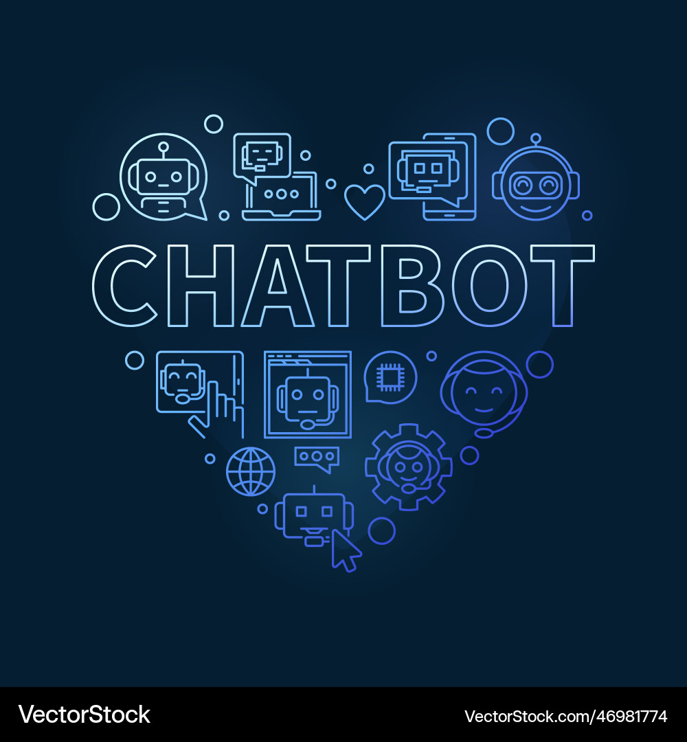 Chatbot heart line blue banner - i love chat-bots Vector Image