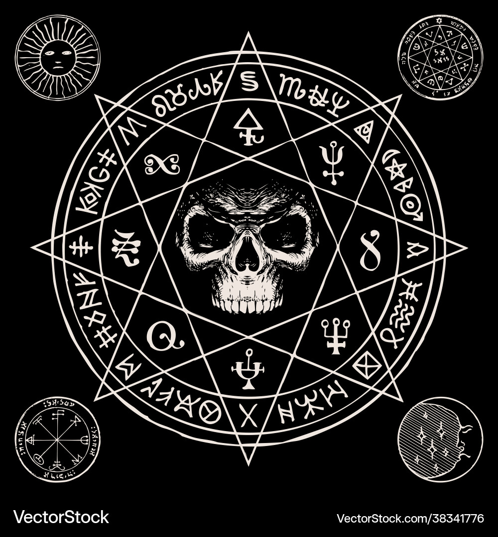 Hand-drawn banner with a human skull and runes Vector Image