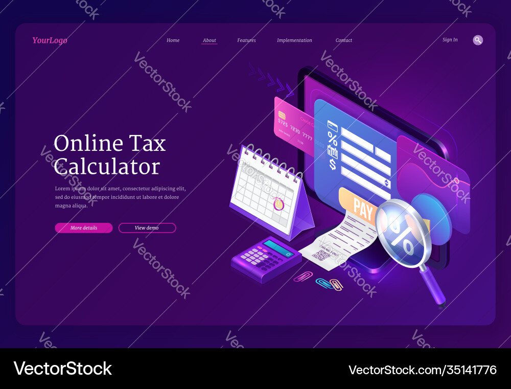 Landing page online tax calculator Royalty Free Vector Image